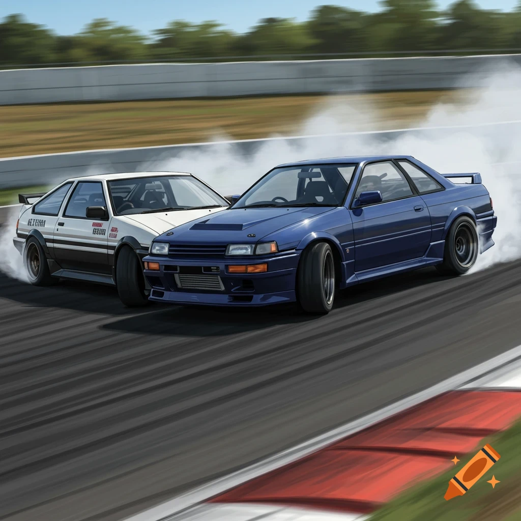 Toyota AE86 drifting with Nissan R32 on Craiyon