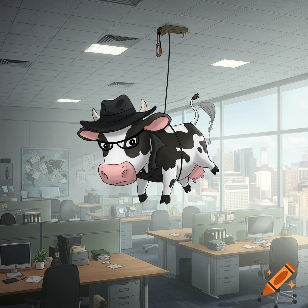 Cartoon cow secret agent repelling from ceiling in office on Craiyon