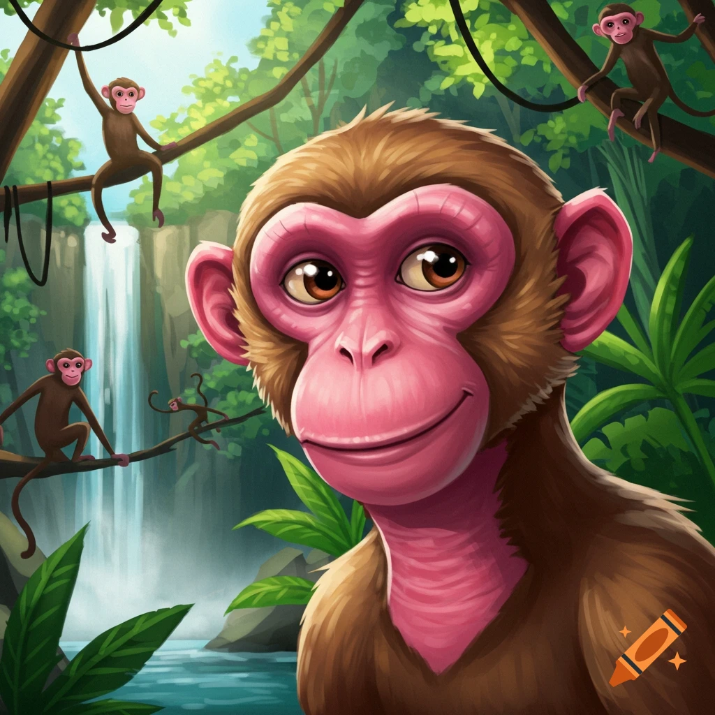 Group of nine playful monkeys posing for selfie in jungle on Craiyon