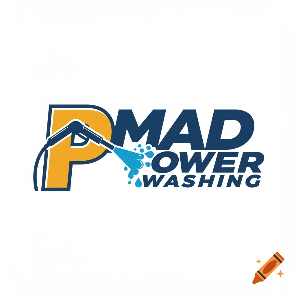MAD POWER WASHING logo with pressure washing wand in the P on Craiyon