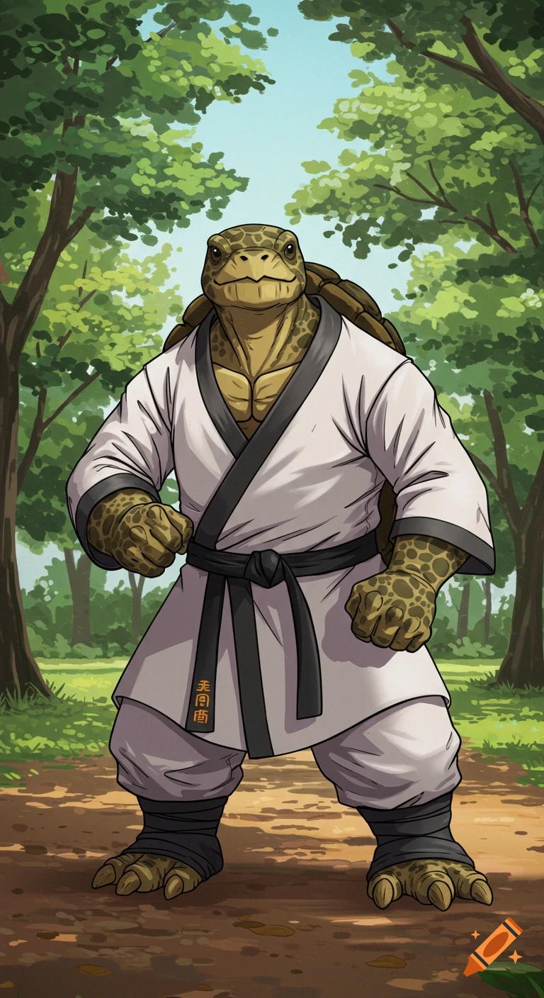 Muscular humanoid turtle in kimono, park background, watercolor ...