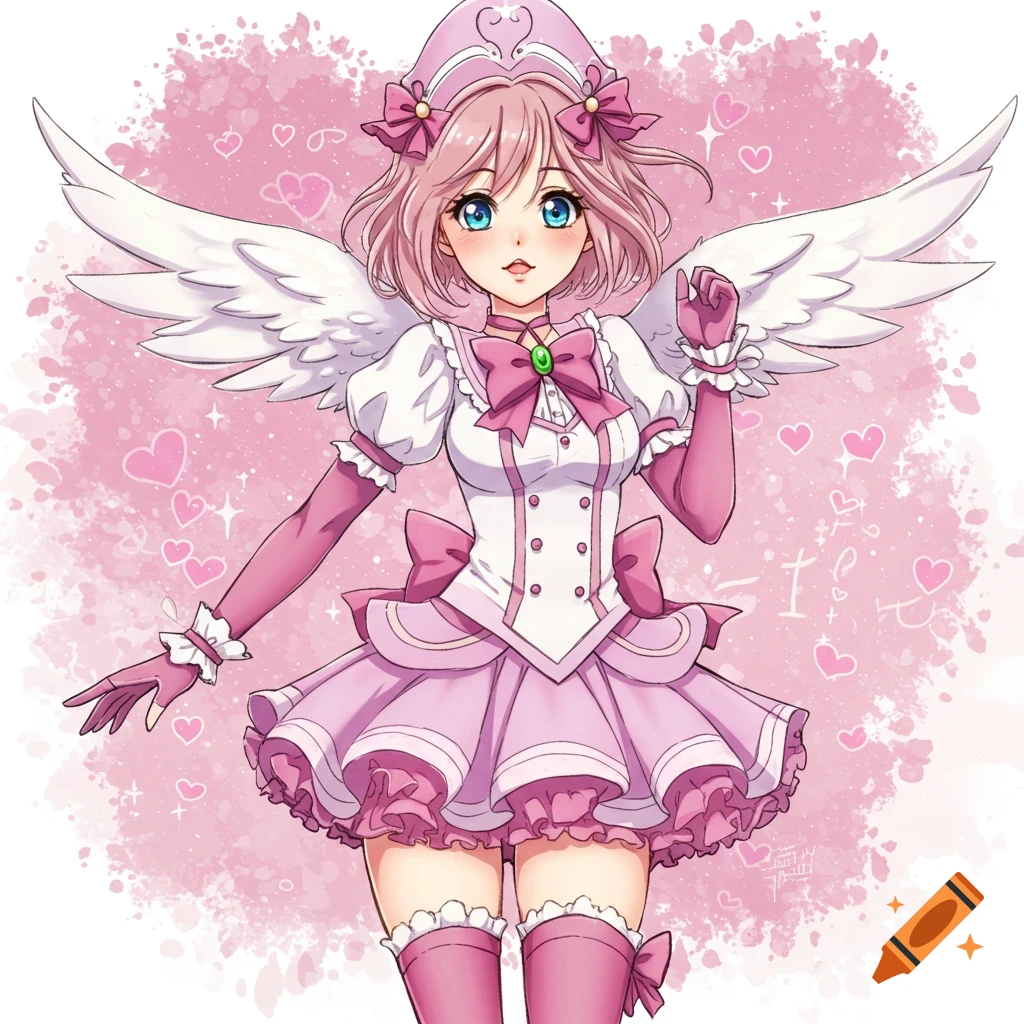 Anime style magical girl with pink hair, wings, and a pink and white ...
