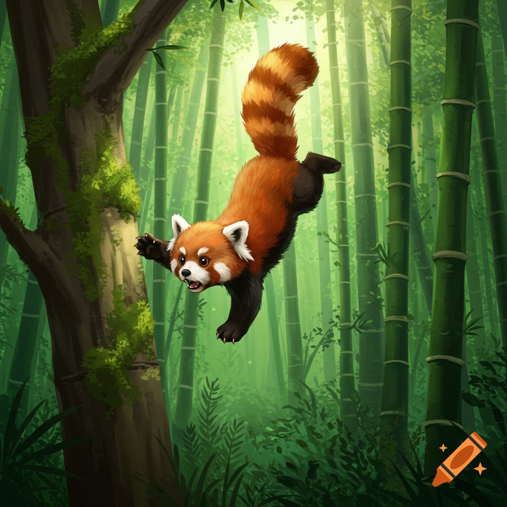 Digital painting of a red panda merged with a jellyfish, floating in ...