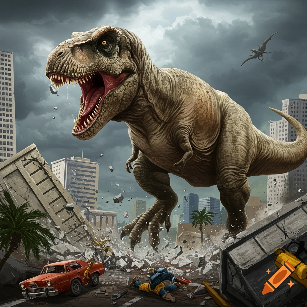 A large Tyrannosaurus Rex stands before a small human in a ruined city ...