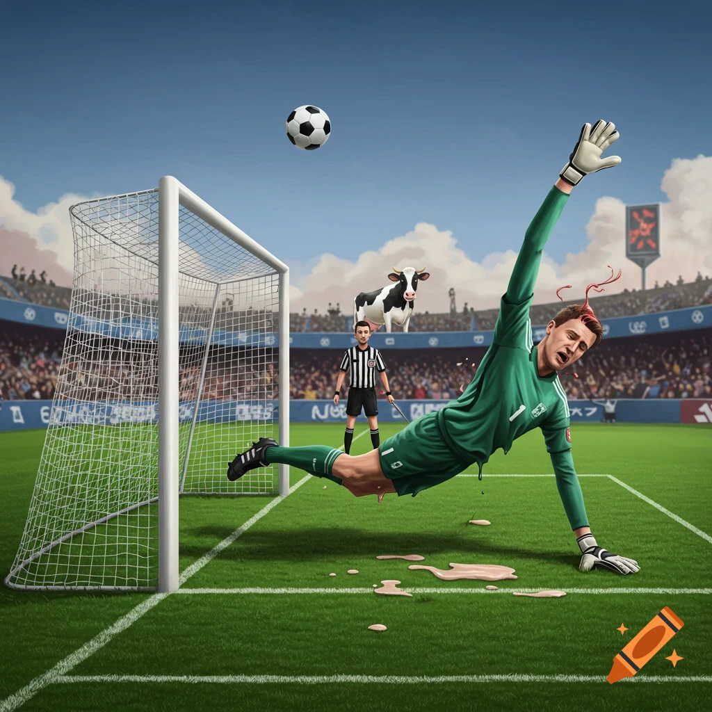 Surreal soccer game with melting goalkeeper diving, two-legged cow ...
