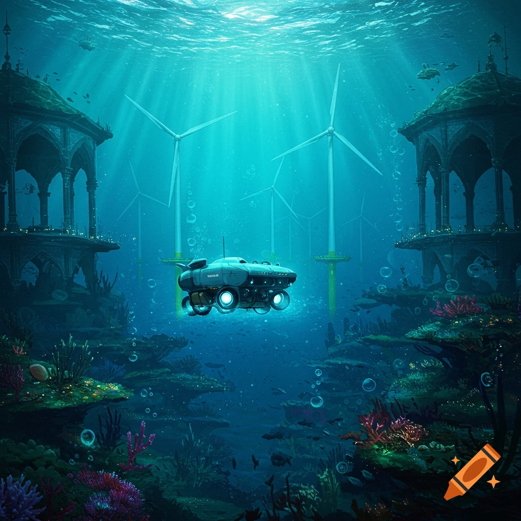 Underwater remotely operated vehicle (ROV) surveying oceanic wind farms ...