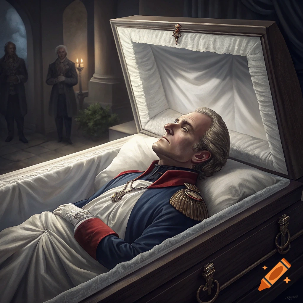 Painting of a man in a blue and red military uniform lying in an open ...