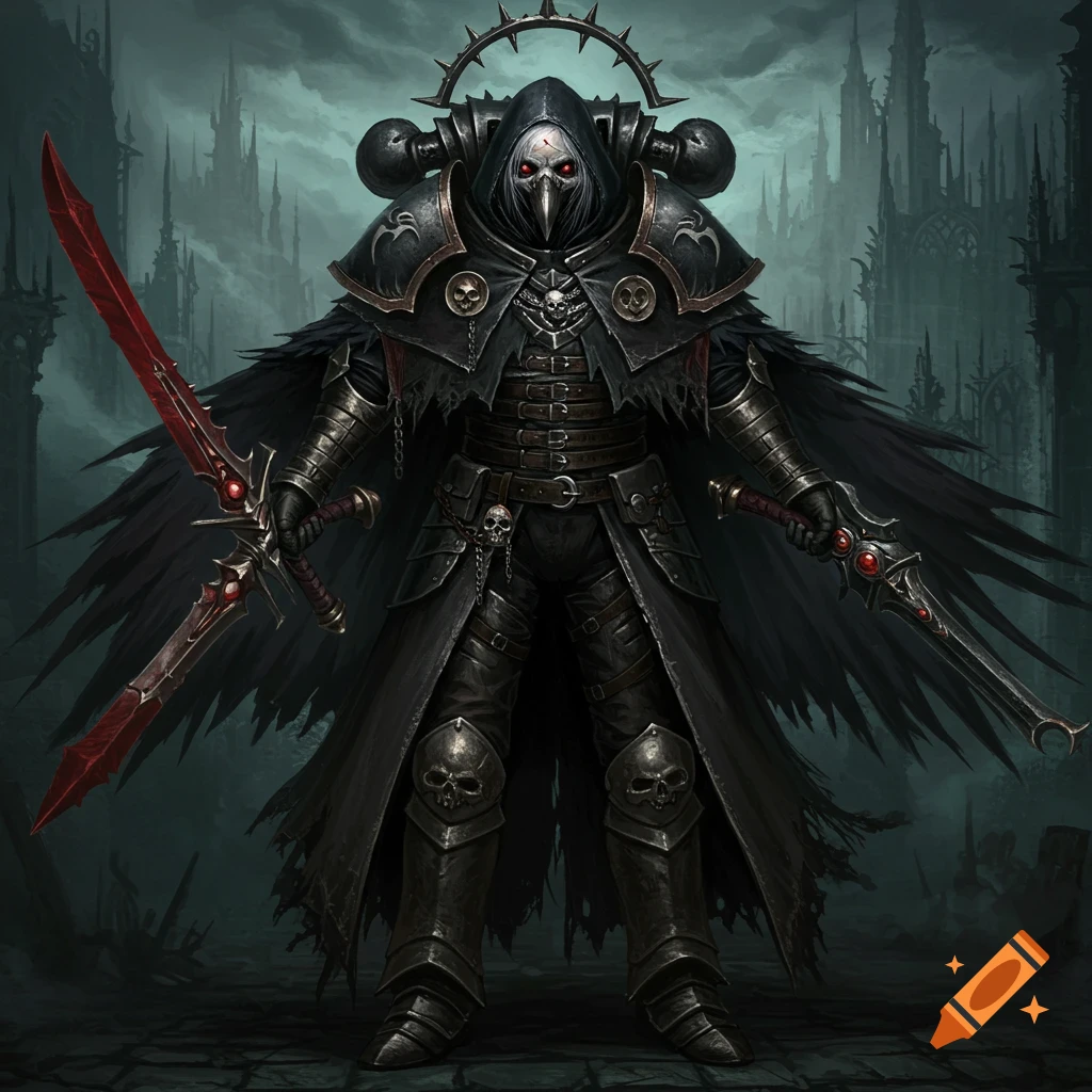 Dark armored warrior with beak mask and swords stands in a gothic city ...