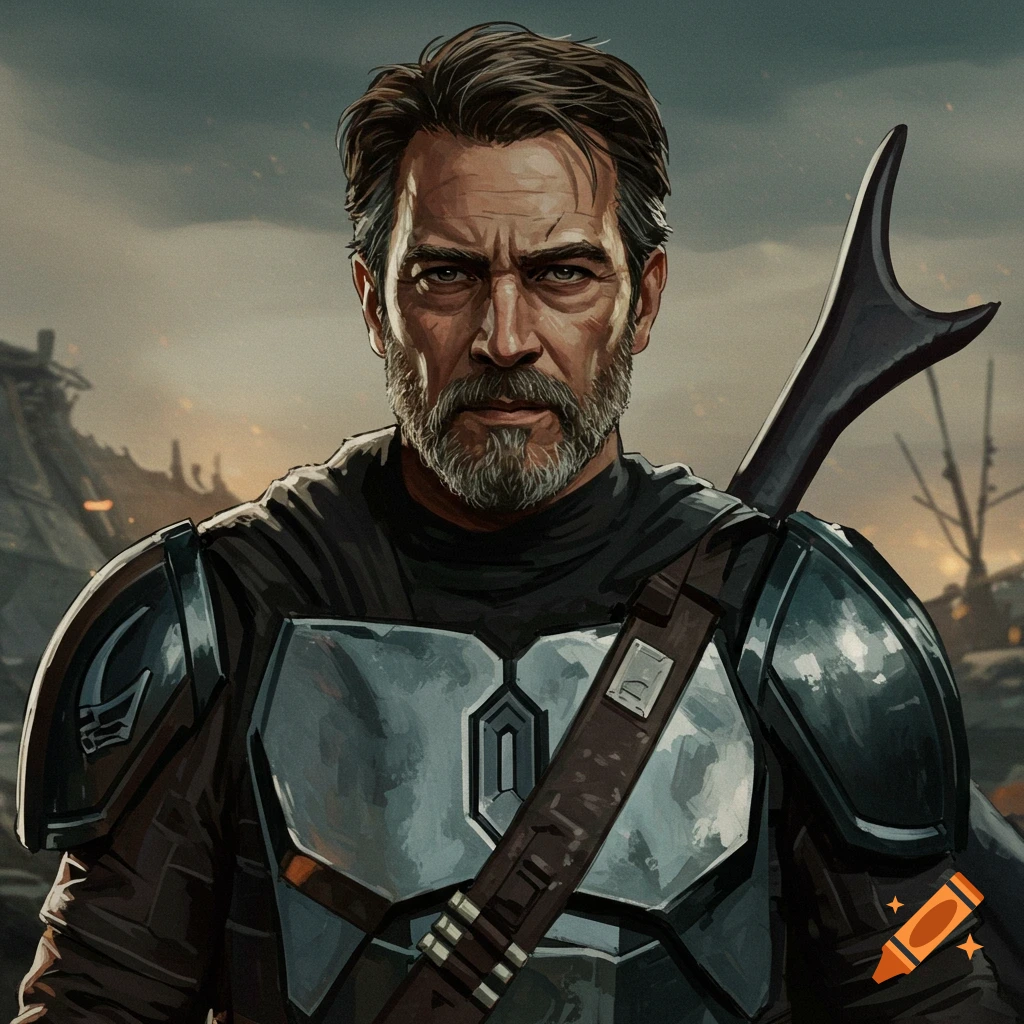 Illustration of a middle-aged man in Mandalorian armor, looking forward ...