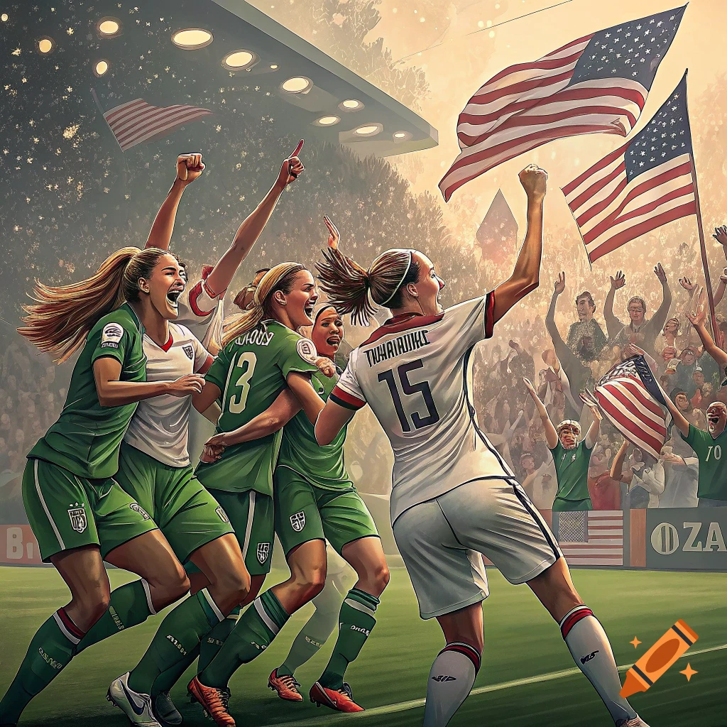 Women soccer players celebrate on the field with US flags and cheering ...