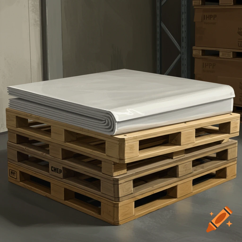 Warehouse pallet with CHEP cases and slipsheet on Craiyon