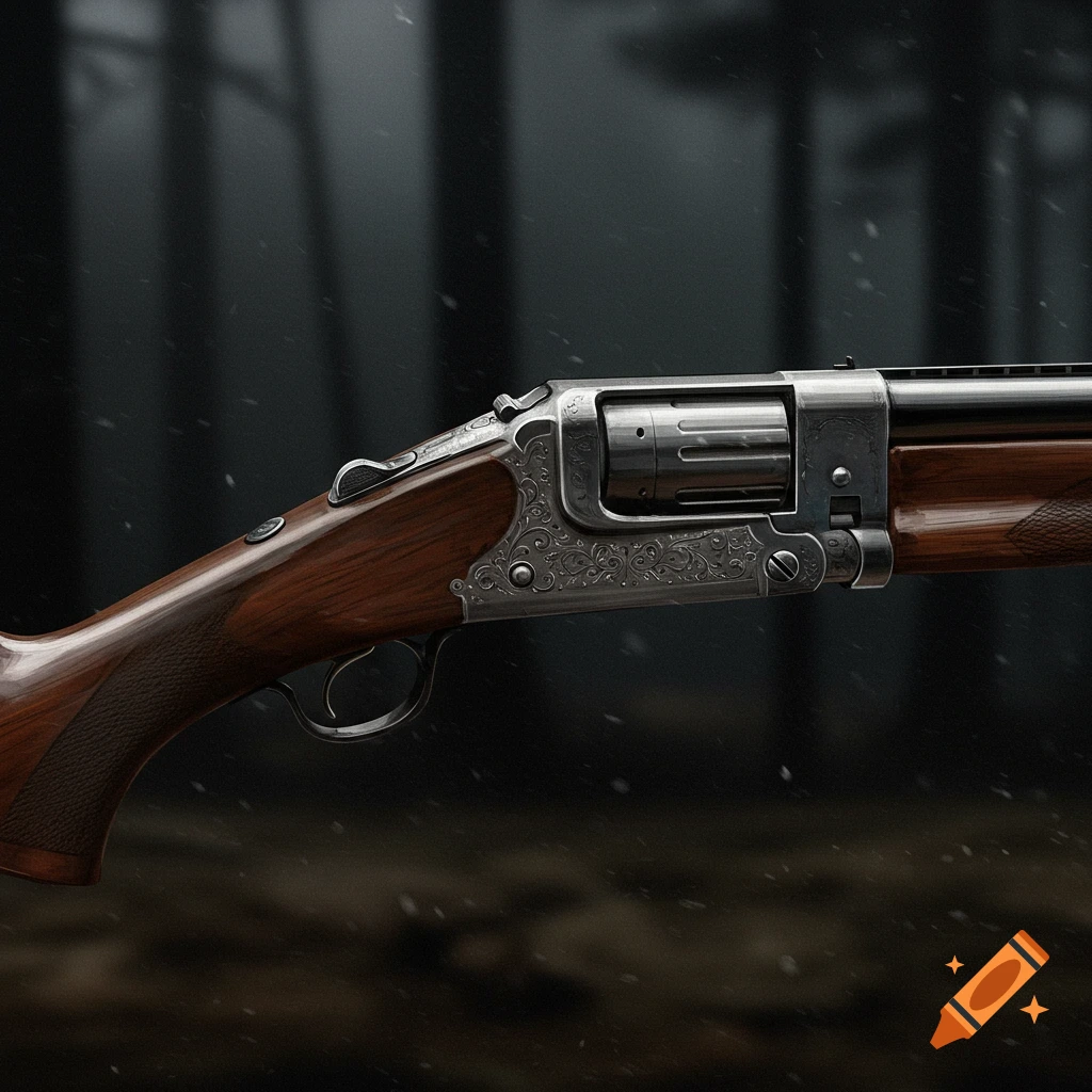 Close-up of a detailed, ornate revolver rifle/shotgun hybrid in a dark ...