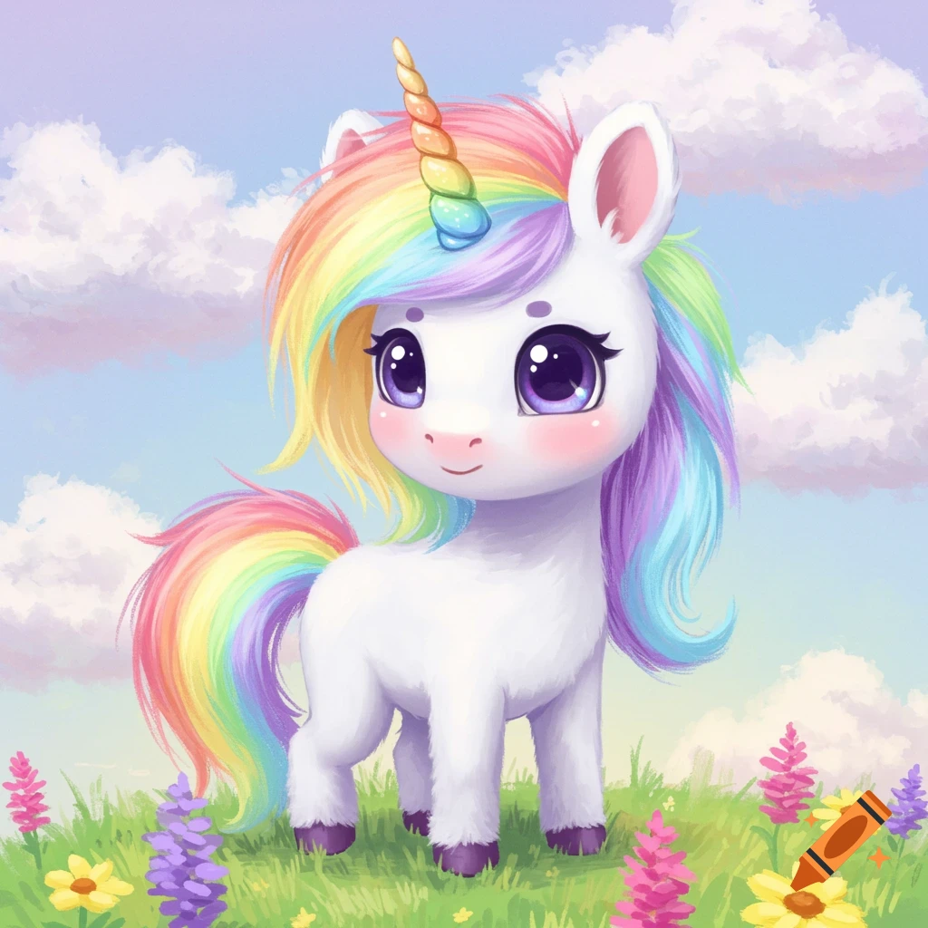Cute unicorn with rainbow mane on Craiyon