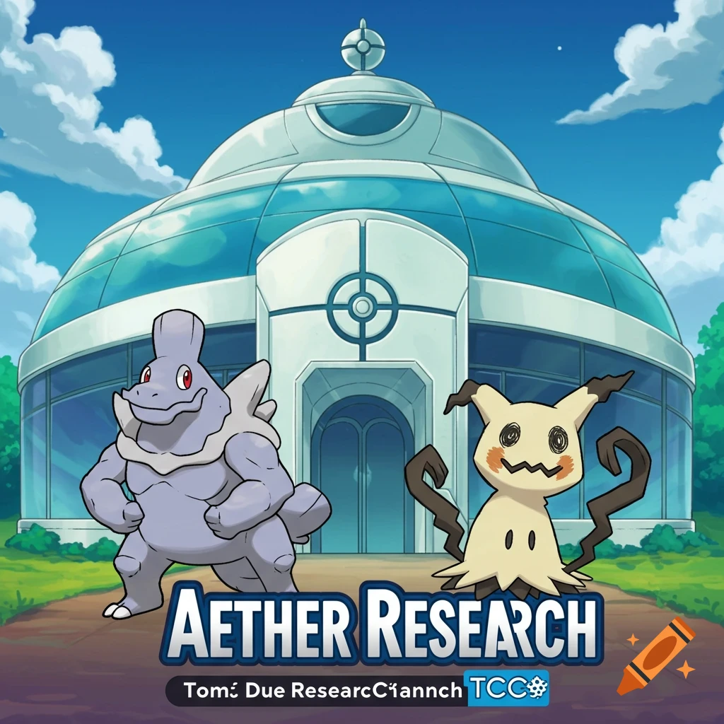 Illustration of Mudsdale and Mimikyu in front of the Aether Research Center with a logo. on Craiyon