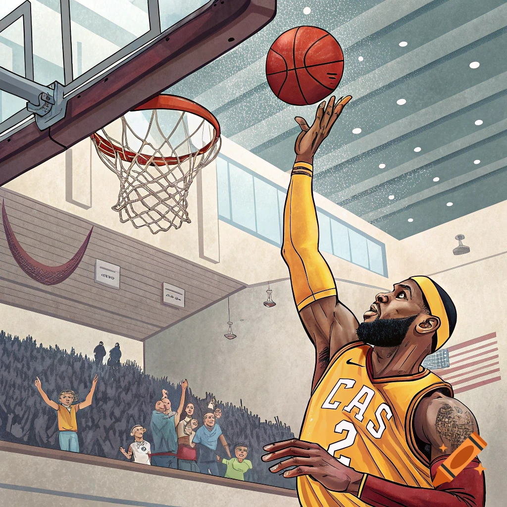 LeBron James throwing an apple into a basketball hoop on Craiyon