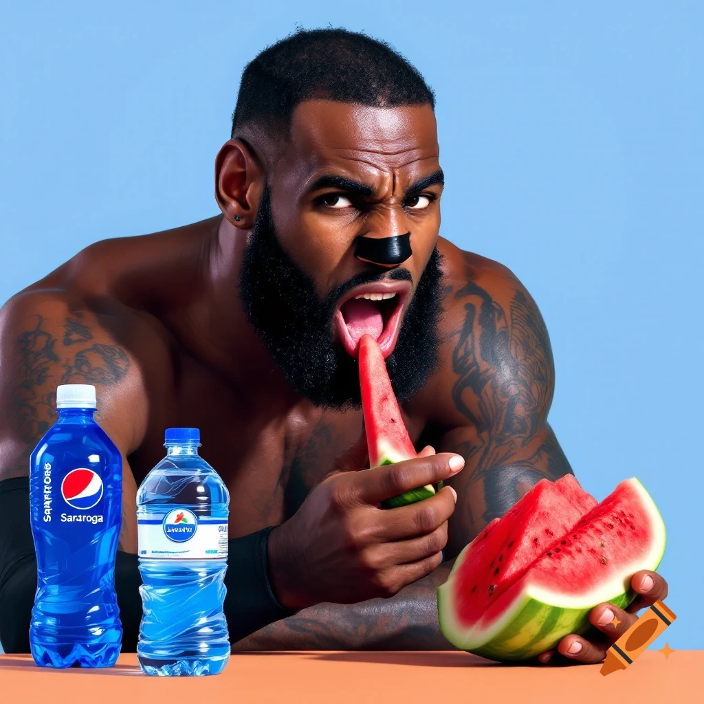 LeBron James eating watermelon with Saratoga water on Craiyon