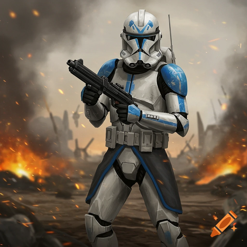 A blue and white Captain Rex clone trooper stands with a rifle on a ...