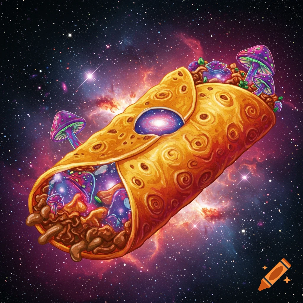 Psychedelic burrito filled with mushrooms and galaxies floats in space ...