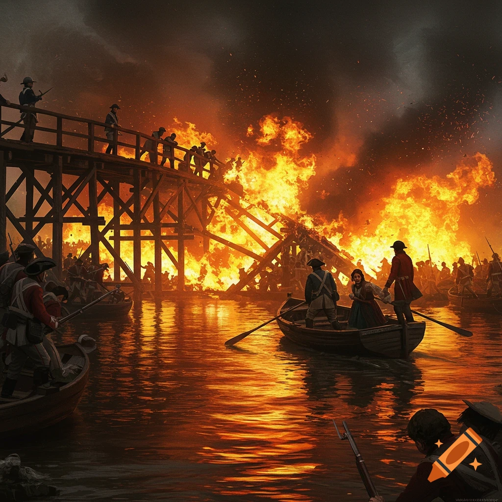 British troops setting fire to a bridge with Catia and Gisco on the ...