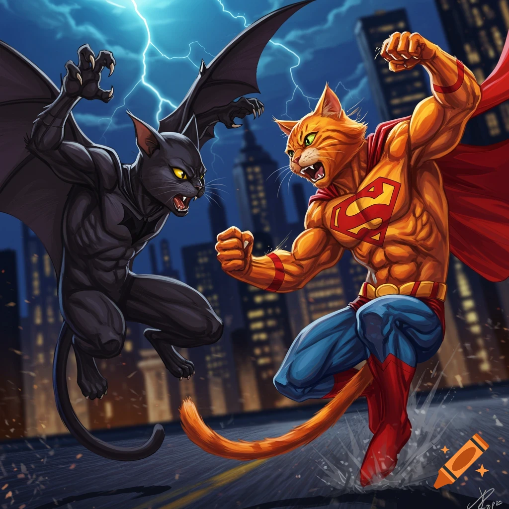 Cartoon style illustration of Bat Cat fighting Super Cat in a city at night with lightning. on ...