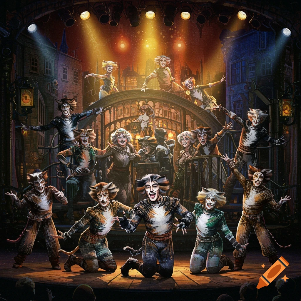 Performers in cat costumes on a stage, styled like the musical Cats on ...
