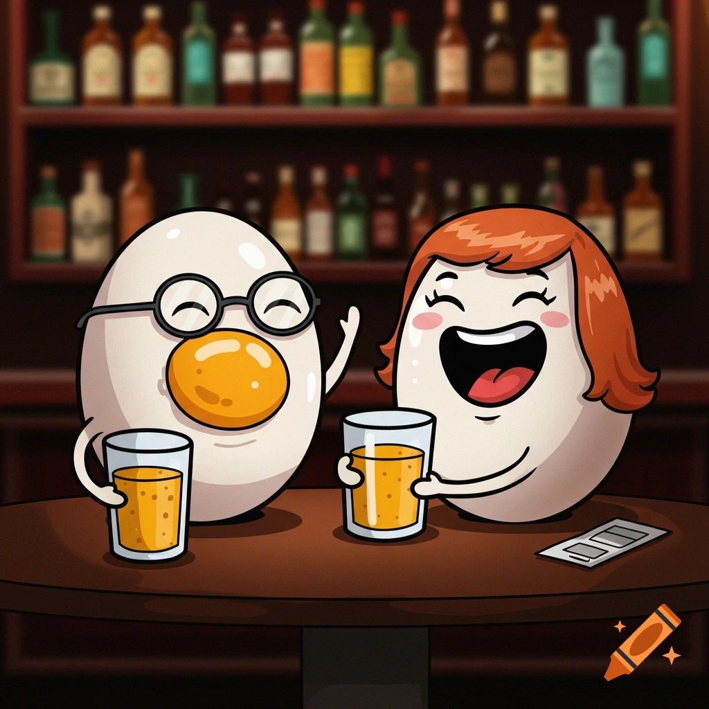 Two cartoon men smiling and holding beers at a bar with text DAY DRINK ...