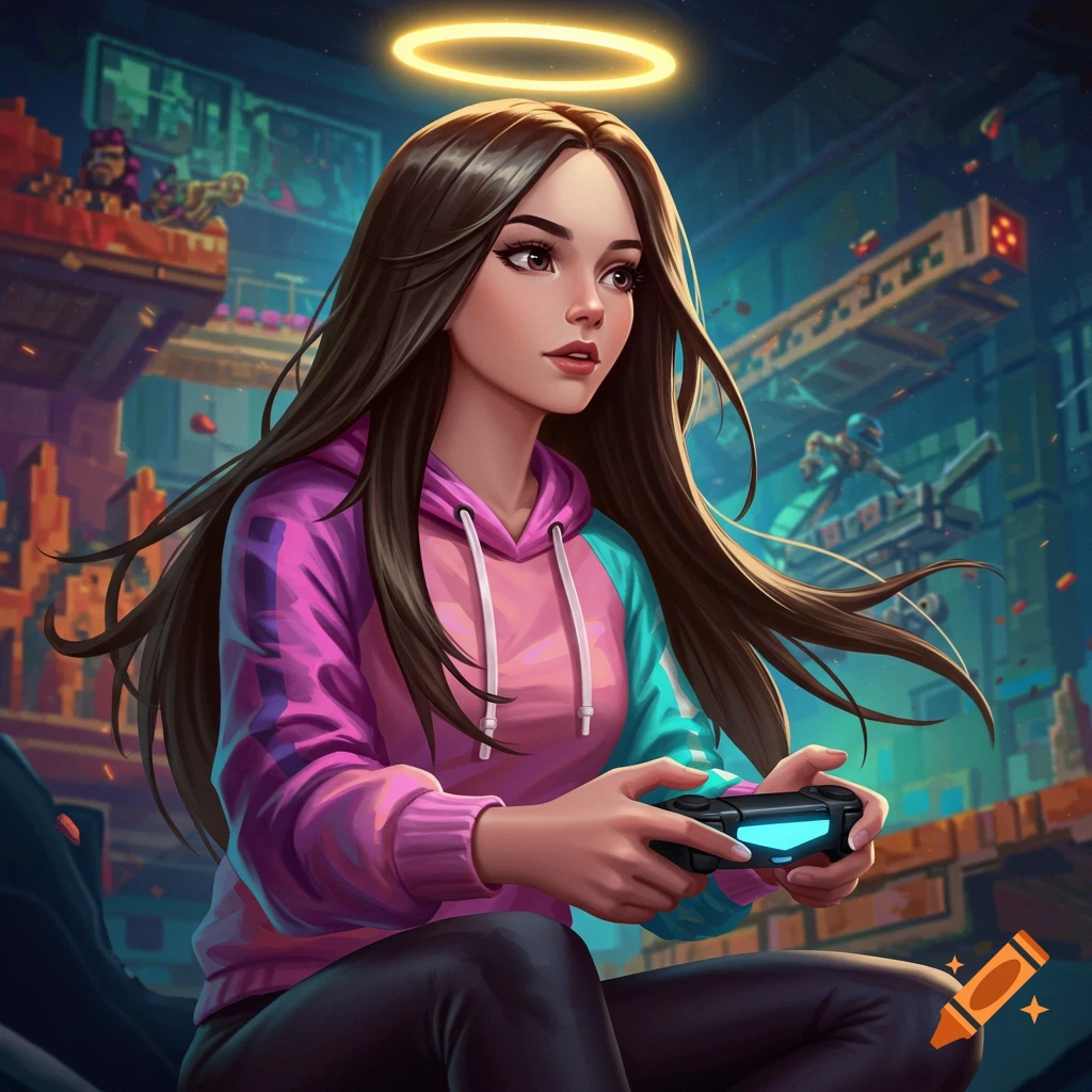 Gaming girl with brunette hair and blonde halo on Craiyon