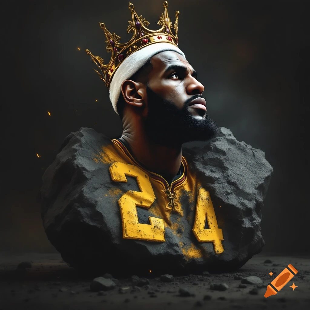 Stylized portrait of Lebron James wearing a crown and number 24 jersey ...