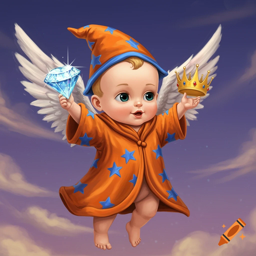 Baby angel flying with diamond and crown, wizard robe with stars on Craiyon