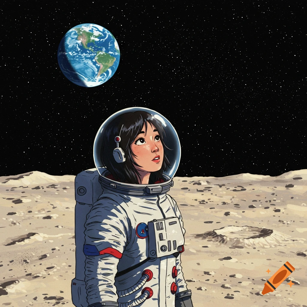 Illustration of an astronaut standing on the moon looking at the Earth ...