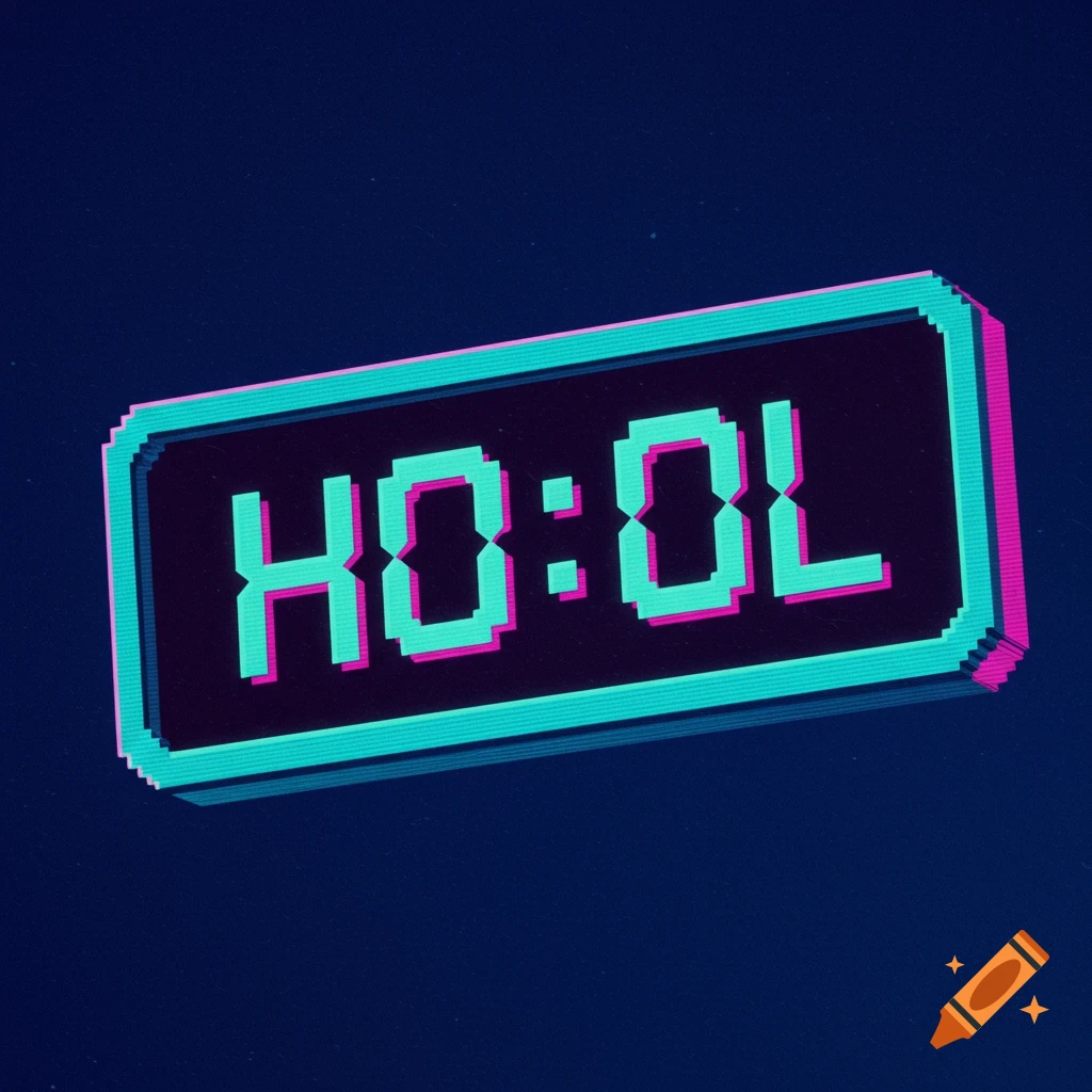 A retro 1980s style digital clock displaying HO:DL in teal pixel art ...