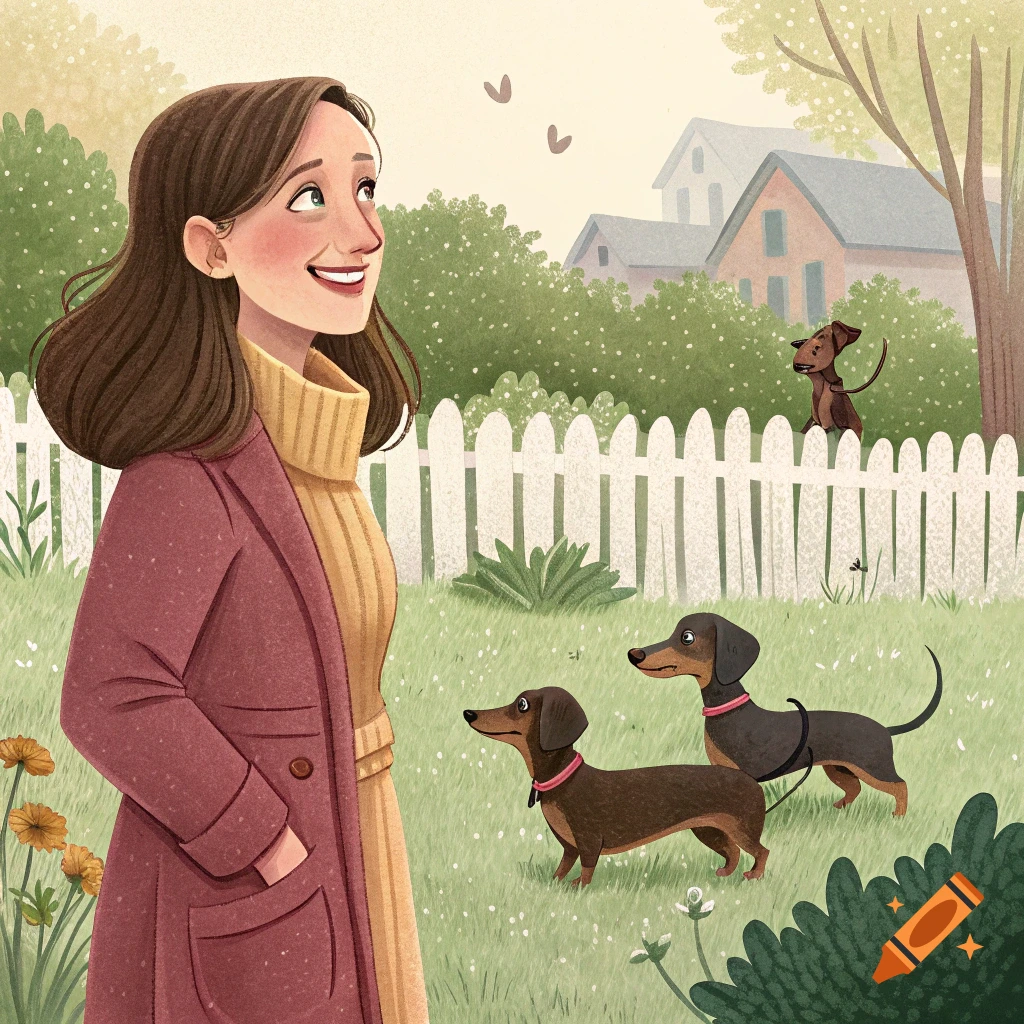 Illustrated scene of a woman standing in a backyard with three ...