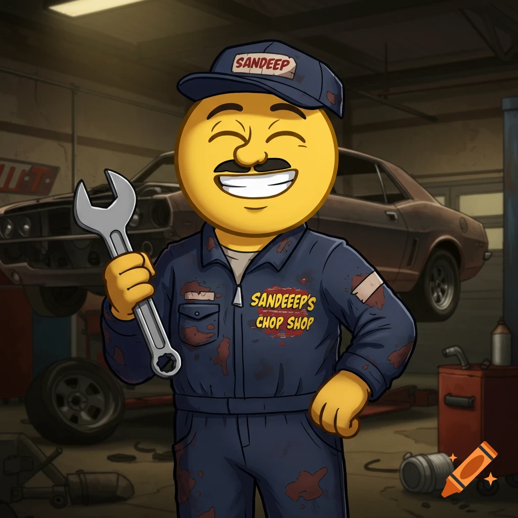 Smiling yellow emoji character dressed as a car mechanic holds a wrench ...