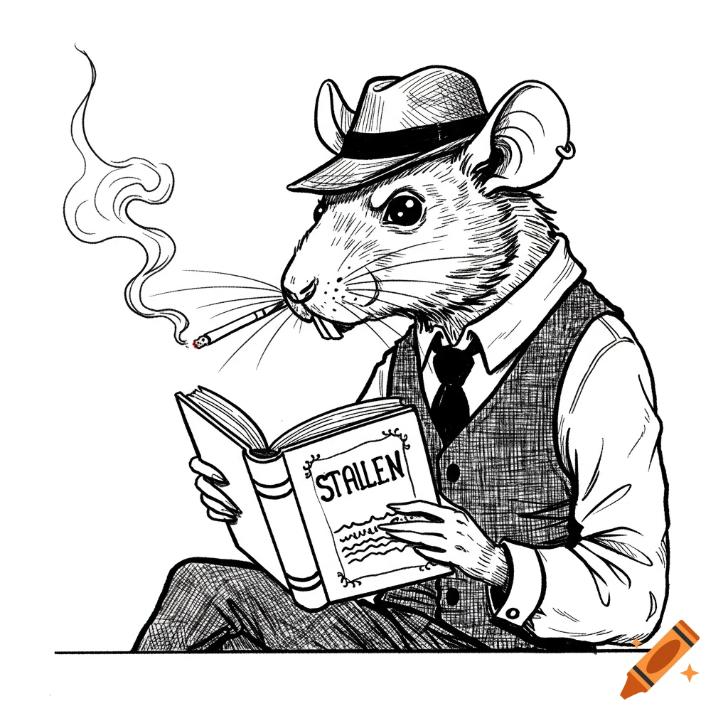 Hand-drawn sketch of a rat reading a book and smoking on Craiyon