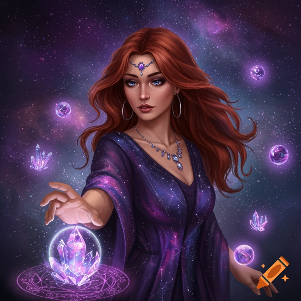 A red-haired woman in a starry dress casting a spell with glowing ...