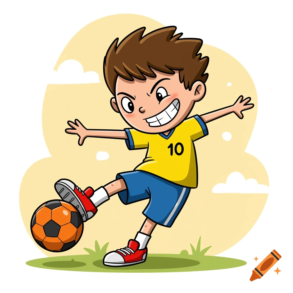 Cartoon boy kicking a soccer ball while smiling. on Craiyon