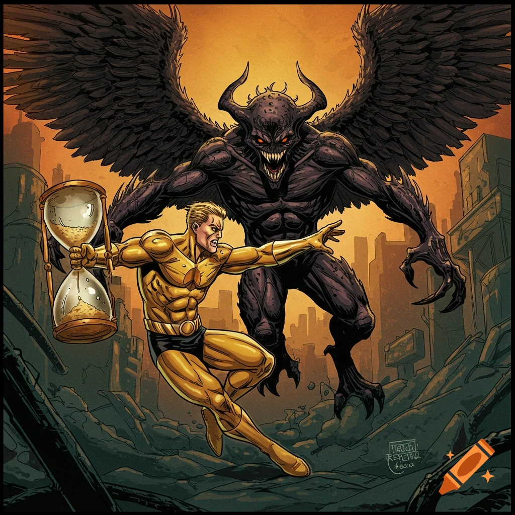 Hourman fighting a winged demon with an hourglass in a ruined city ...