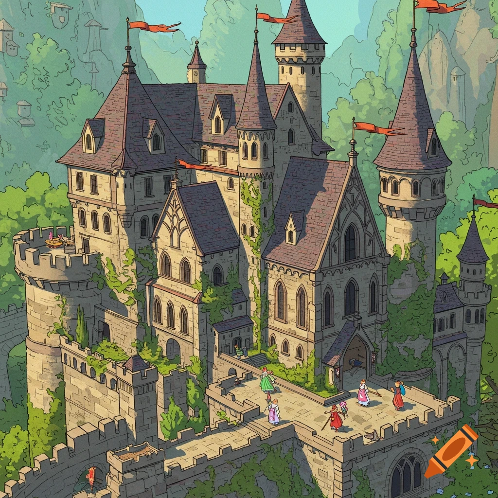 An illustration of a large fantasy castle with towers and walls, set in ...