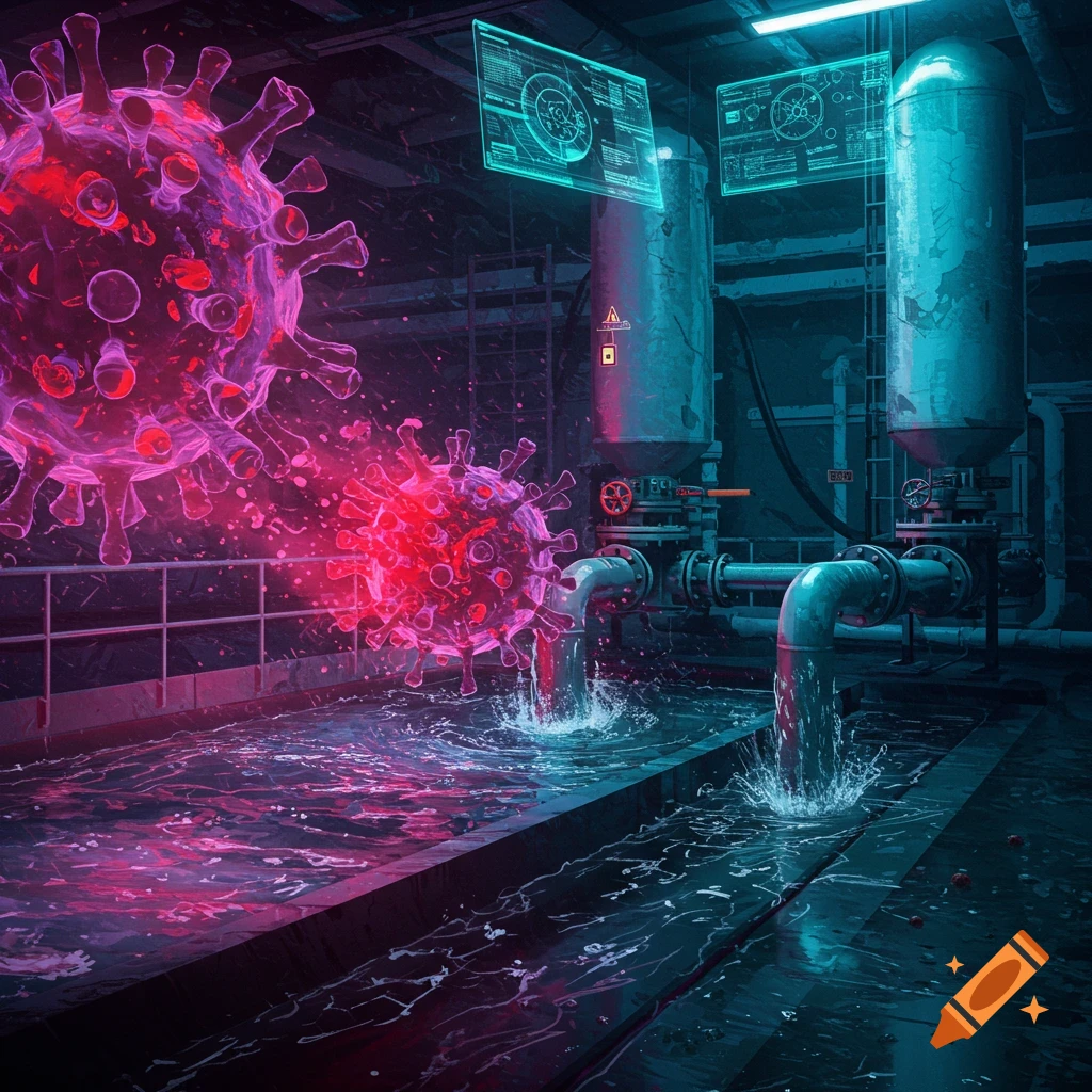 Sci-fi scene of red viruses attacking water in an industrial facility with glowing screens. on ...