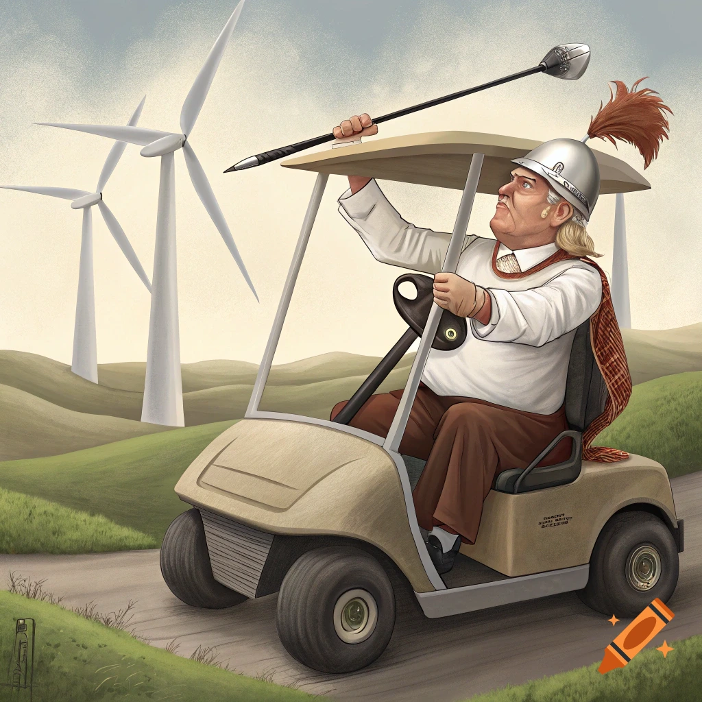 Donald Trump as Don Quixote attacking wind turbines with a golf club ...