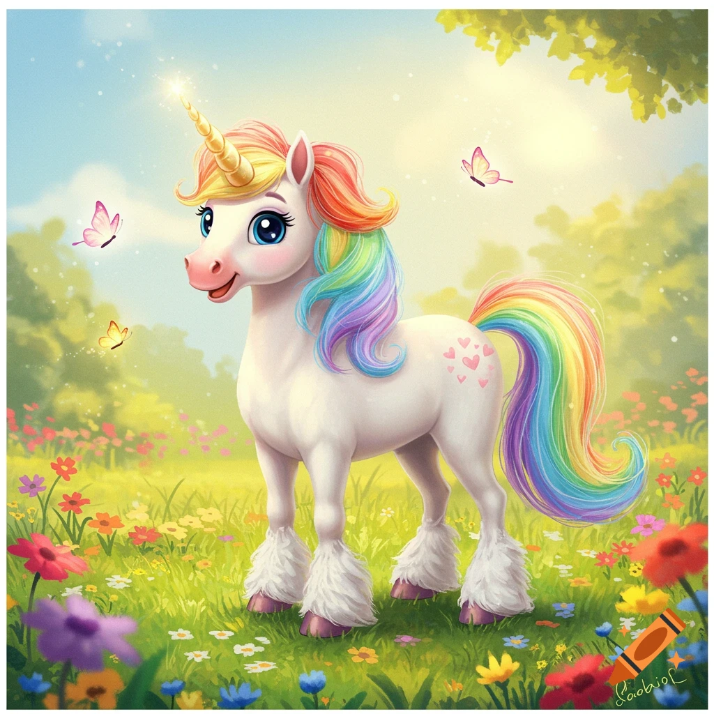 Cute unicorn with rainbow mane on Craiyon