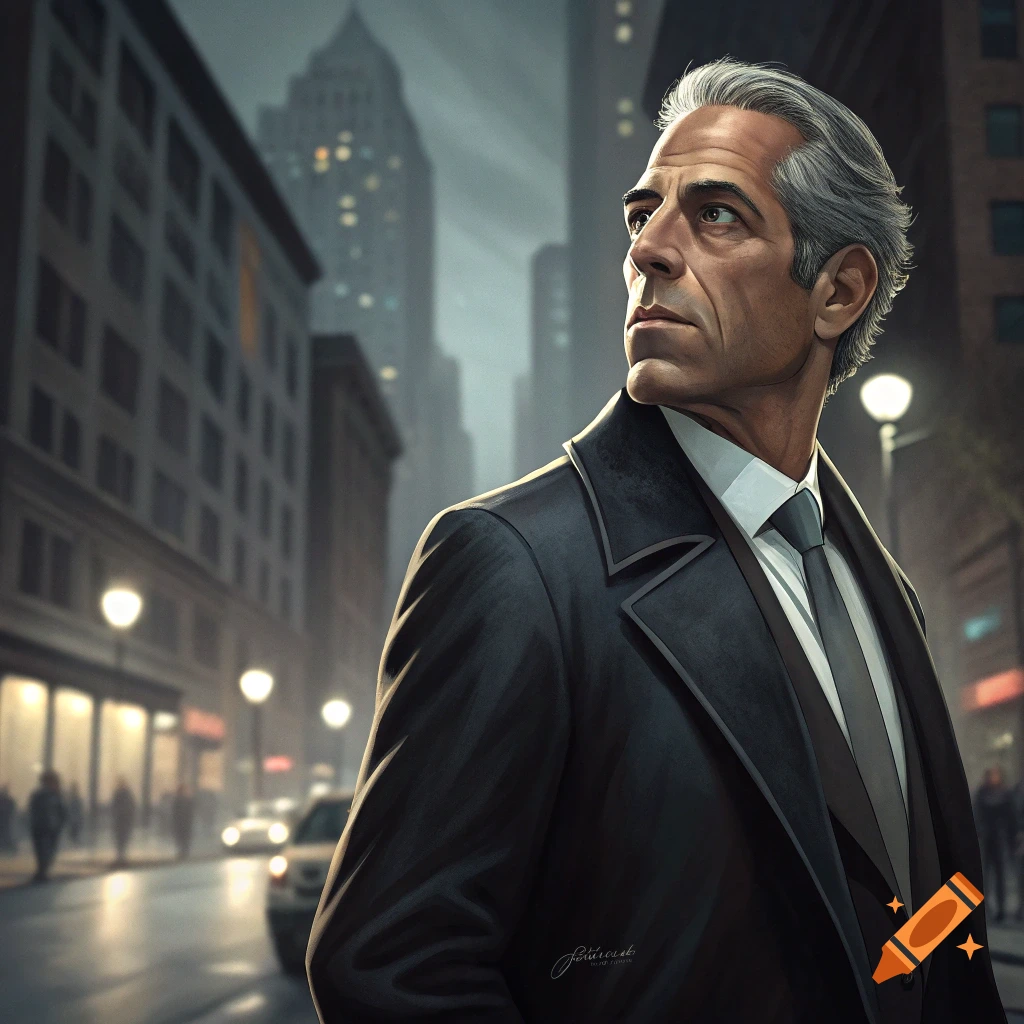 A man in a black coat and tie looks left while standing on a city ...