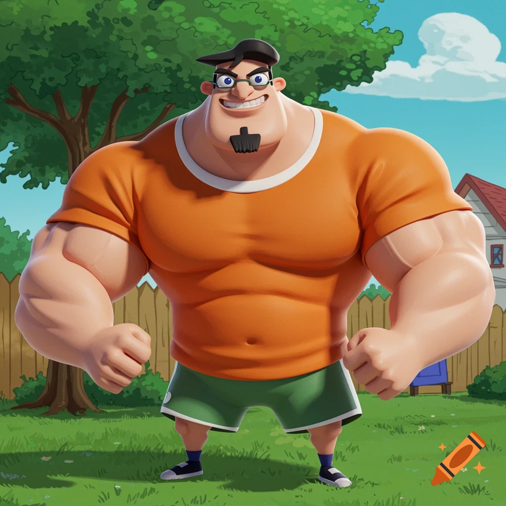 Muscular cartoon man in an orange tank top and green shorts stands in a ...