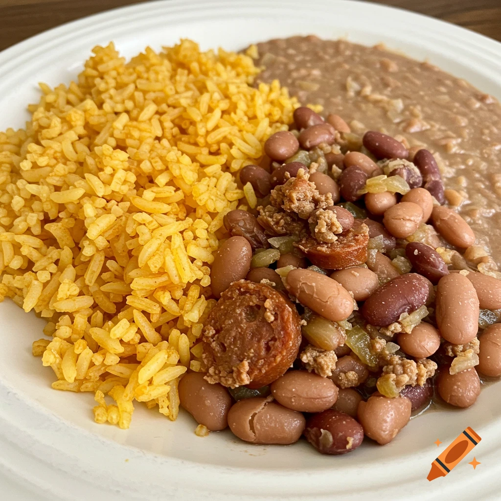 A plate of Mexican food with yellow rice, whole beans mixed with ...