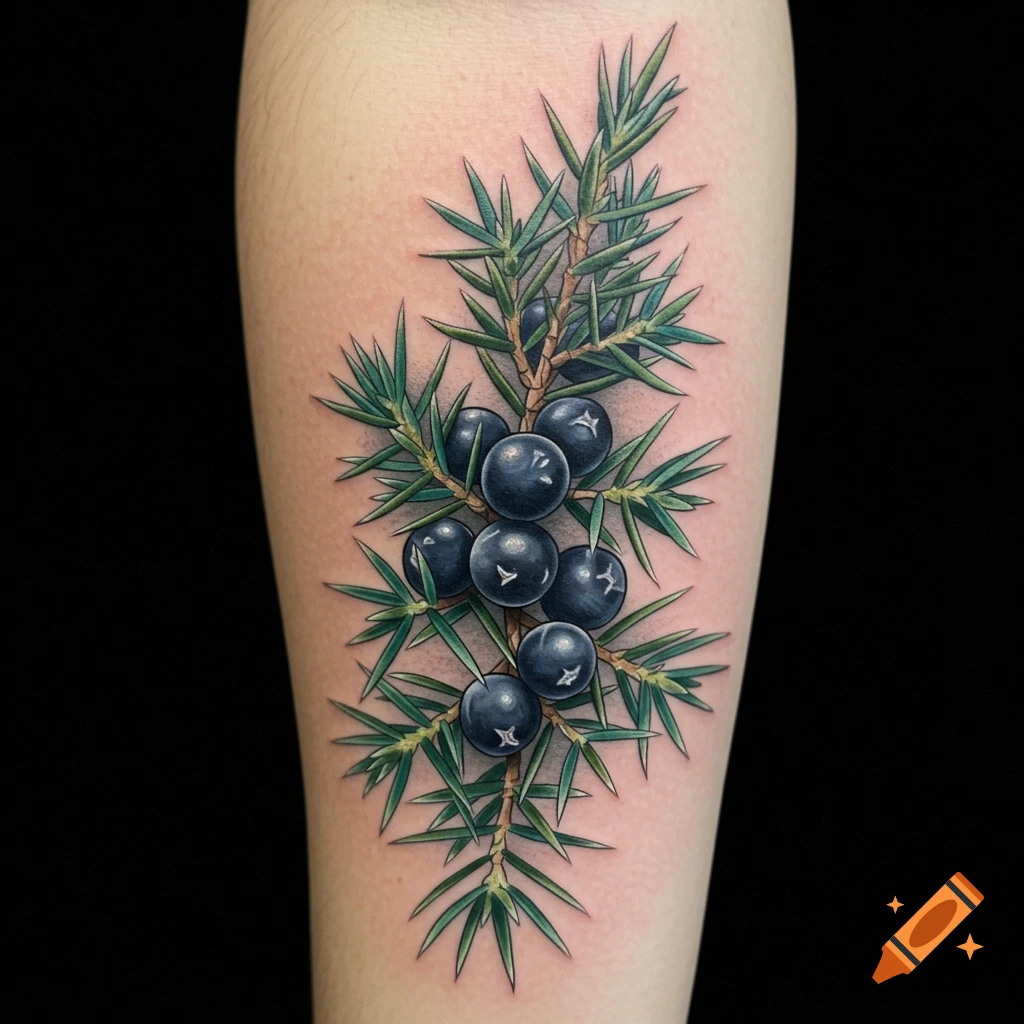 Juniper sprig tattoo with berries on Craiyon