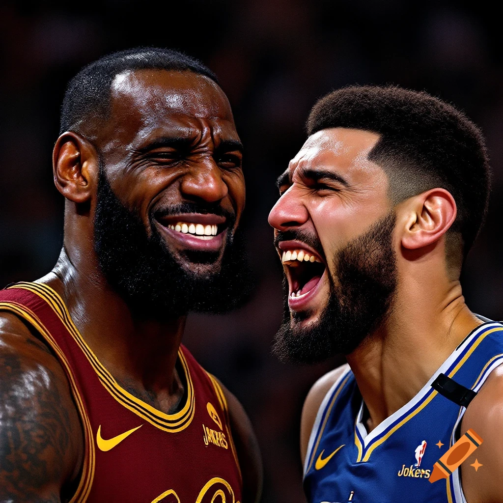 LeBron James crying and Nikola Jokic laughing on Craiyon