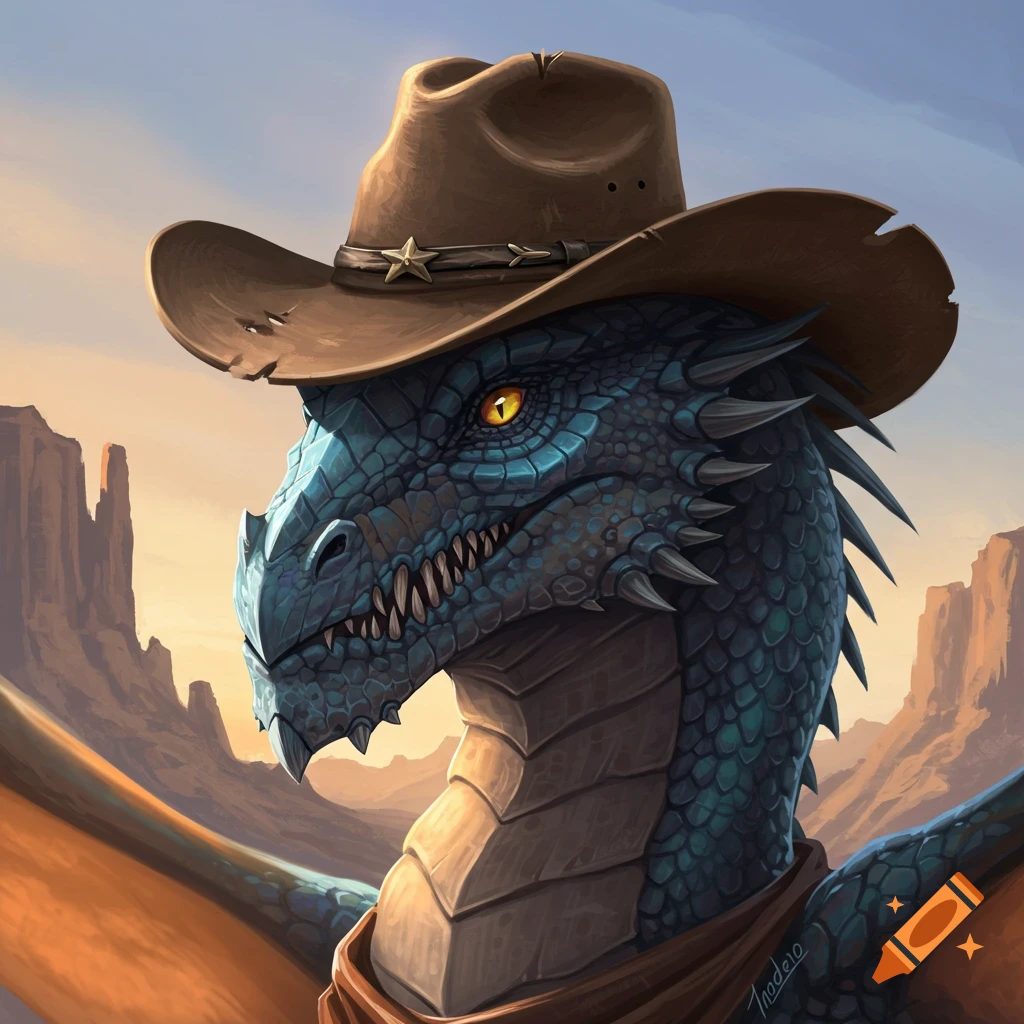 Close-up of a blue dragon in a cowboy hat in a desert landscape. on Craiyon