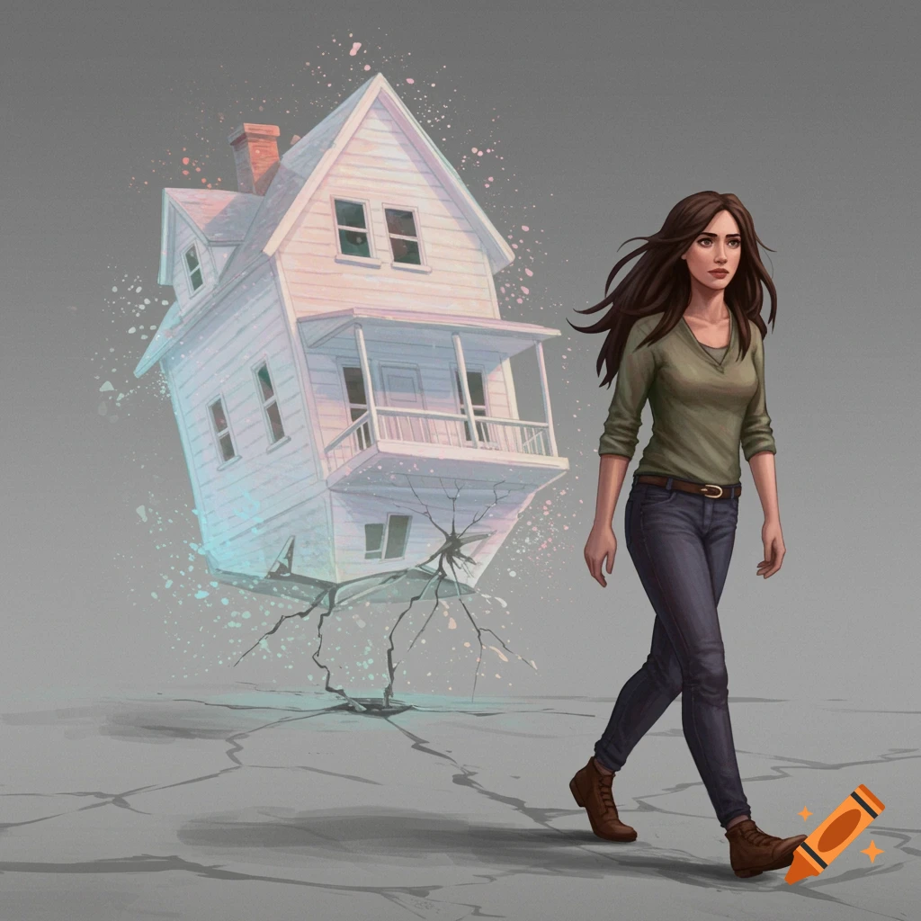 Solena walking in gray world with fragile, transparent house on Craiyon