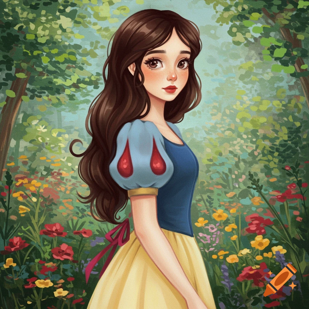 An illustration of Snow White in a forest on Craiyon