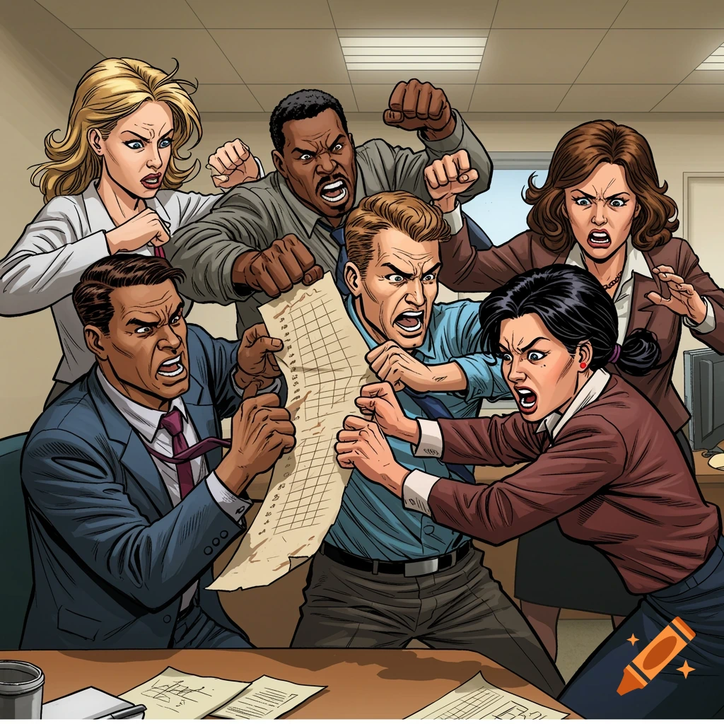 Funny cartoon of confused manager, SOP suggestion on Craiyon